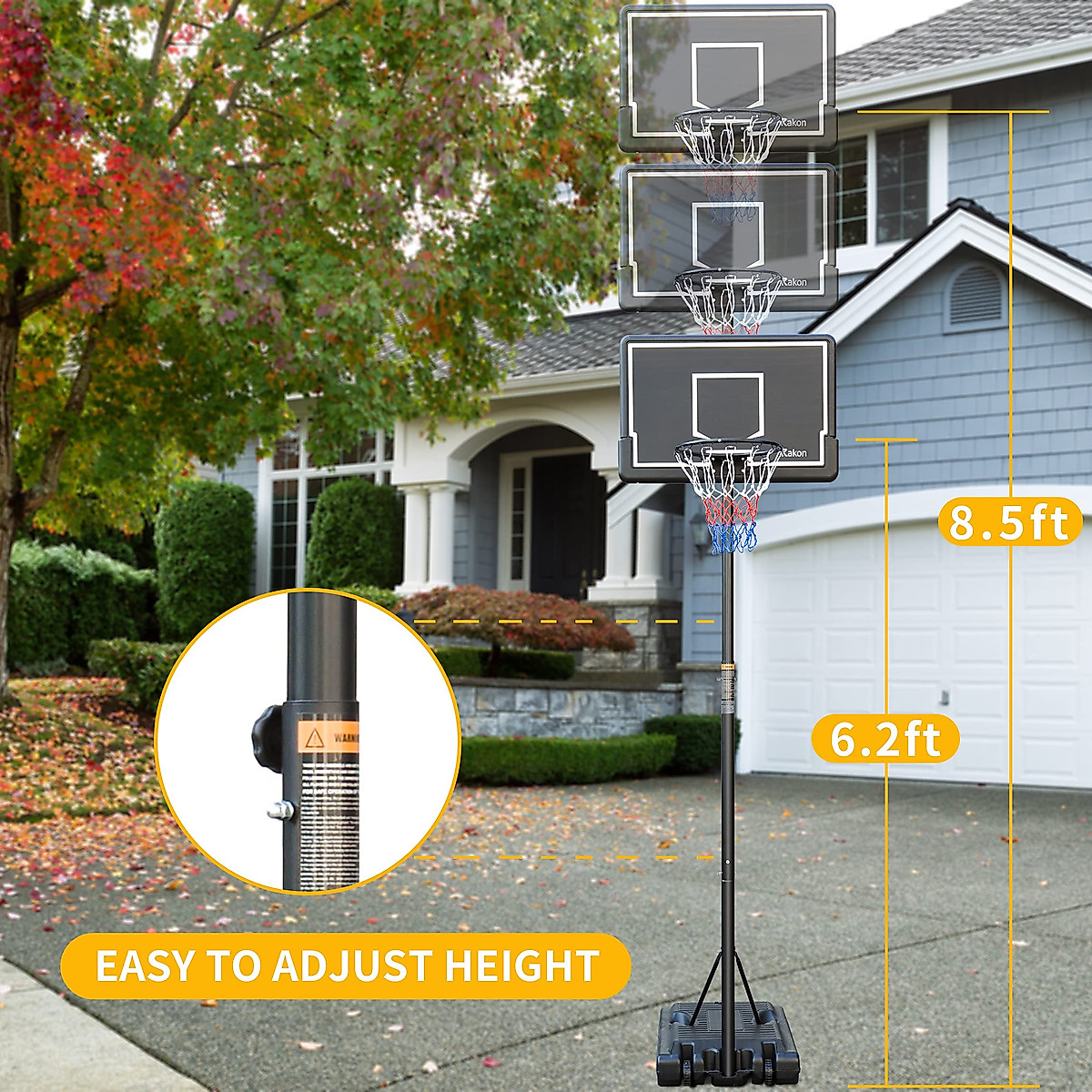 Rakon Portable Basketball Hoop & Goal Basketball System Stand Height Adjustable 6.2ft -8.5ft with 35.4in Backboard & Wheels for Youth Teenagers Outdoor Indoor Basketball Goal Game Play