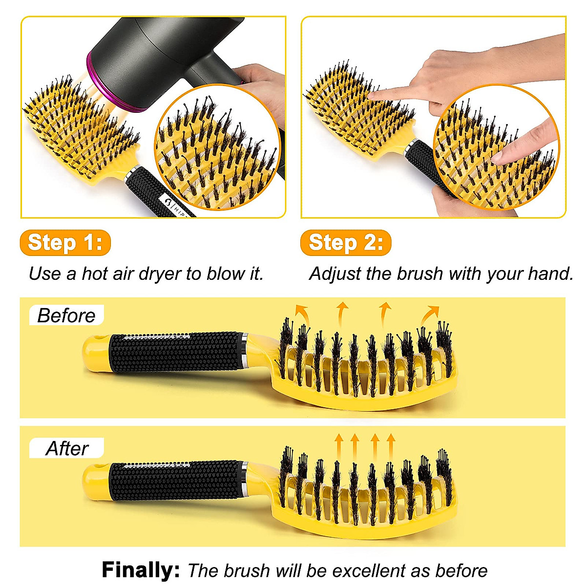 Detangling Brush 2 Pack, HIPPIH Boar Bristle Hair Brush for Women, Men & Kids' Wet or Dry Long Curly Thick Hair - Adds Shine and Smoothness Yellow