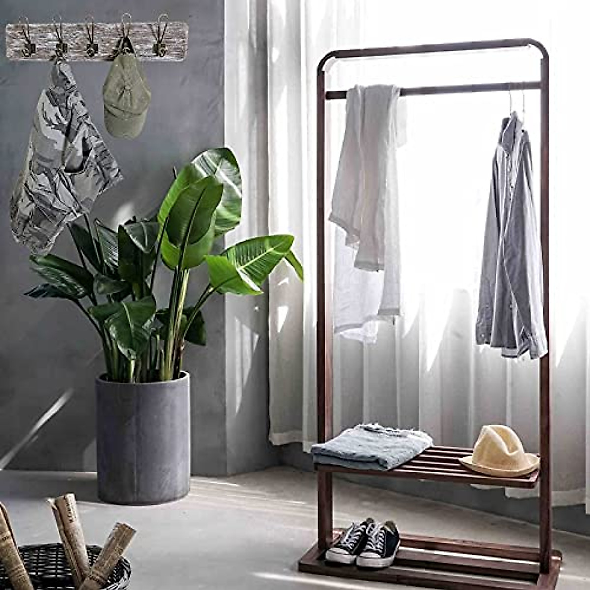 WRIGHTMART Wooden Coat Rack Wall Mounted with 5 Hanger Hook, for Porch, Kitchen, Bedroom, Hallway, Antique Farmhouse Rustic Character, Mahogany Wood, (Aged Whitewash Bronze Hook)