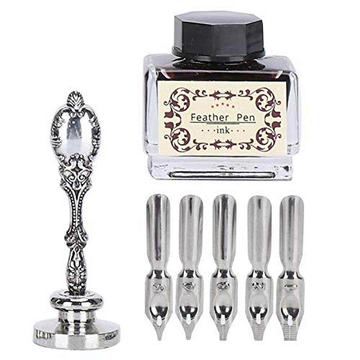 GLOGLOW Feather Pen Set, Vintage Calligraphy Writing Pen Kit with 5pcs Replacement Nib, Seal, Empty Ink Bottle for Office Stationery(Red)