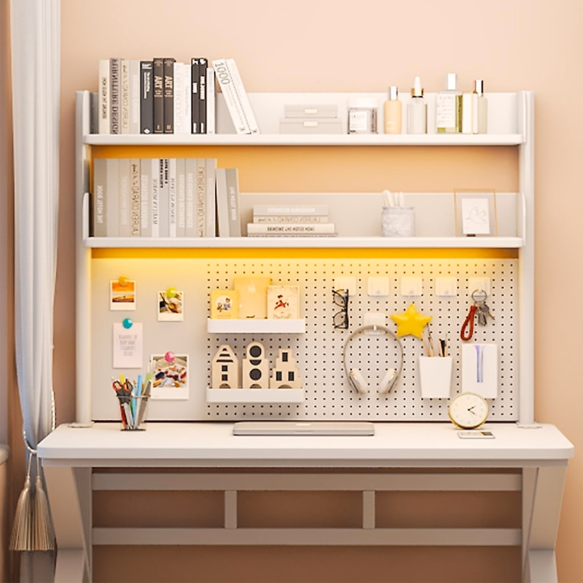 Multipurpose Countertop Hutch Bookshelf, Desk Shelf Storage Rack, Clamp On Desk Organizer Shelf, Desk Extender Pegboard Workstation, Privacy Panel for Gaming Desk, Metal Desktop Display Rack(White,100