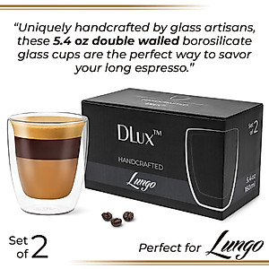 DLux Coffee Mugs, 5.4oz Latte Clear Glass Set of 2 Cups, Lungo Double Wall Insulated Borosilicate Glassware Cup - Wine, Tea Glasses