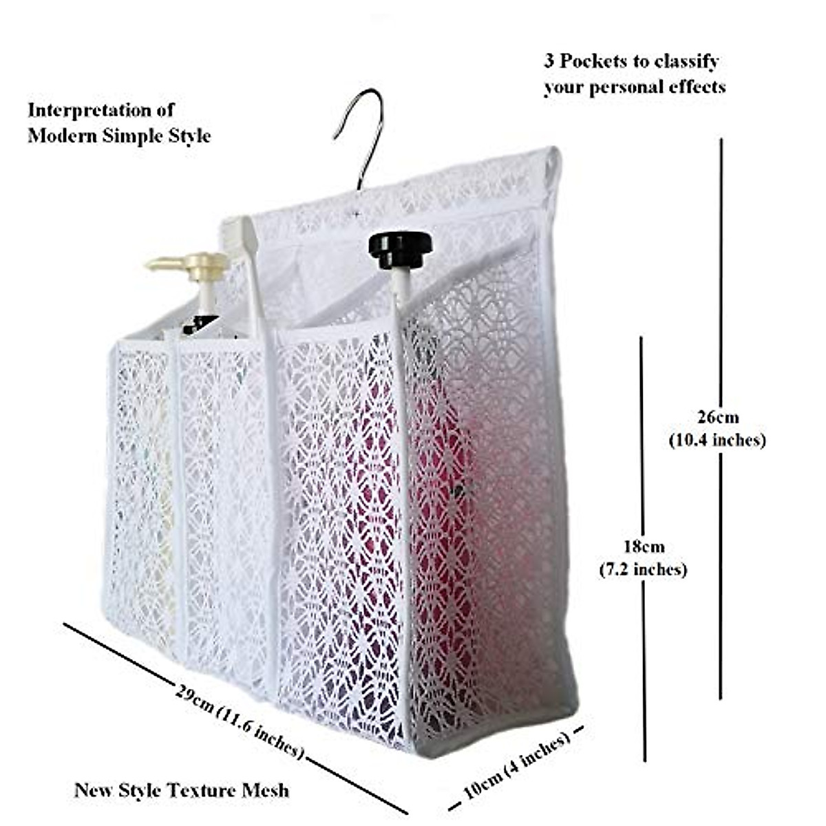 FVLFIL Hanging Lace Mesh Shower Caddy College with Hooks & 3 Pockets, Bath Baskets Organizer Storage for College Dorm Rooms, Gym, Swimming and Travel (White)