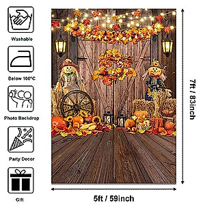 Avezano Fall Thanksgiving Backdrop Maple Leaves Pumpkin Barn Door Photography Backdrop Haystack Scarecrow Fall Baby Shower Party Banner Decorations (5x7ft, 59x83inch)