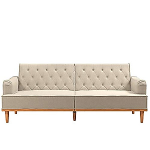 Mr. Kate Stella 80 Inch Futon Sofa Bed, Modern Upholstered Couch Sleeper with Button Tufted Back and Wood Trim, Tan