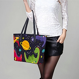 Cute Dinosaur in Space Women's Tote Bag PU Leather Shoulder Bag Handbags Purse For Work Shopping Travel