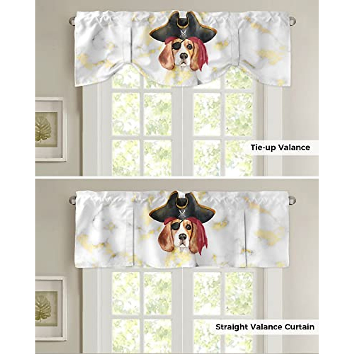 Tie Up Curtain Valance for Kitchen,Abstract Geometric Pirate Dog White Gold Marble Window Valances Adjustable Tie-up Shade Valance,Cartoon Animal Rod Pocket Short Curtains for Bathroom 54x18in