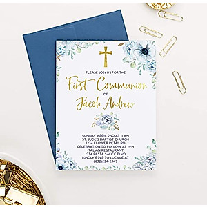Elegant First Communion Invitations for Boys, Blue Florals First Holy Communion Invites, Your choice of Quantity and Envelope Color