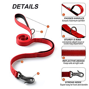 TwoEar 5FT 1IN Strong Red Dog Leash with 2 Padded Handles, Traffic Handle Extra Control, Comfortable Soft Dual Handle, Auto Lock Hook, Reflective Walking Lead for Small Medium and Large Dogs