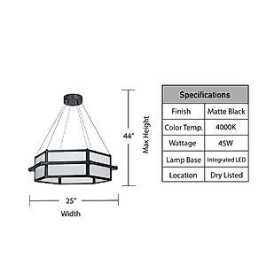 Vivio Lighting LED Hexagon Chandelier Matte Black Light Fixture Entry Way Frosted Glass Ceiling Light Farmhouse Dining Room Bedroom 45W 4000K