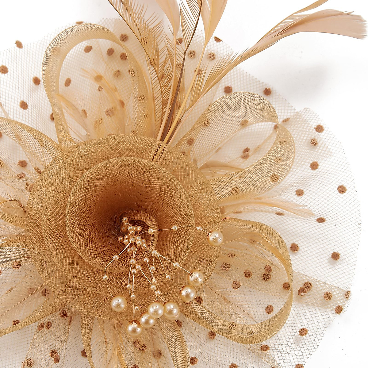 fghuim Women's Organza Church Kentucky Derby British Bridal Tea Party Wedding Hat Feather Hair Clip Gold Fascinators Hat (Gold)