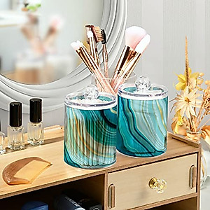 BOENLE 2 Pack Qtip Holder Dispenser Teal Turquoise Blue Marble Bathroom Storage Canister Lid Acrylic Plastic Apothecary Jar Set Vanity Makeup Organizer for Cotton Swab/Ball/Round Pads, Floss