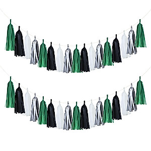 Guzon 20 Pack of Black Green Silver Party Decorations Tassel Garland Banner White Tissue Paper Tassels for Soccer Party Supplies Graduation Backdrop Men Boys Birthday Jungle Theme Banner