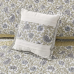 Madison Park 100% Cotton Quilt Set Floral Print, Double Sided Stitching, All Season, Lightweight Coverlet Shabby Chic Bedding Layer, Matching Shams, Full/Queen, Yellow 6 Piece