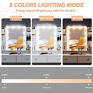 LINLUX Makeup Vanity Desk with Mirror and Lights, White Vanity Table Set with Charging Station, Open Shelves, 3 Color & Adjustable Brightness, Dressing Table with Cushioned Stool for Bedroom