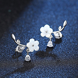 Sweet White Flower Ear Crawler Cuff Earrings Sterling Silver Diamond CZ Stud Ear Climber Wedding Earring Jewelry Gifts for Women Girls