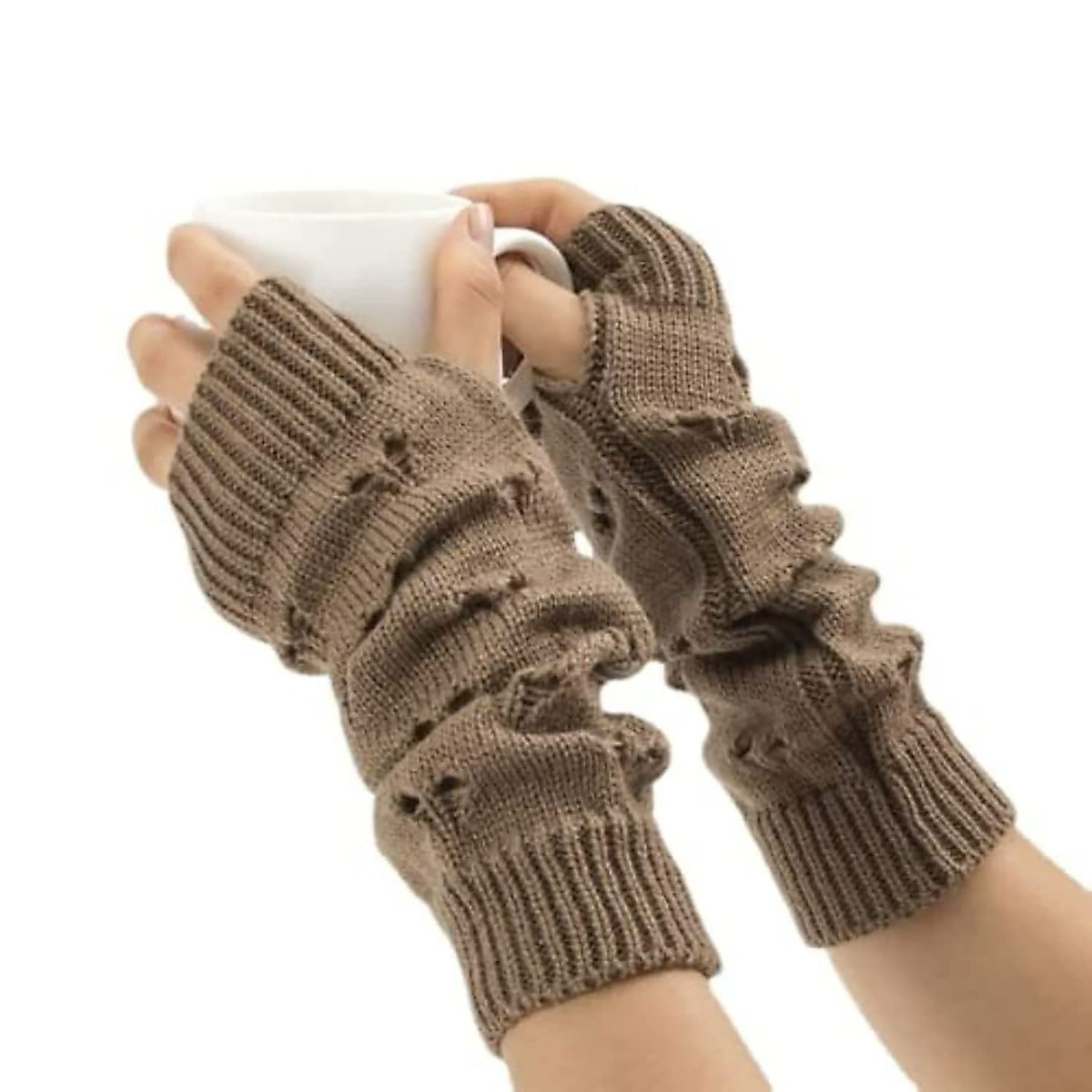 POHADON Fairy Grunge Gloves Alt Emo Goth Accessories Fingerless Ripped Long Sleeve Arm Warmers Y2k Gyaru Arm Sleeve Harajuku Egirl (One Size,Brown)