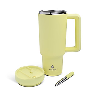 Manna Stainless Steel Double Wall Insulated Tumbler with Smart Seal Dual Sip Lid and Straw Fit Handle - 40 Oz - Yellow Powder Coat
