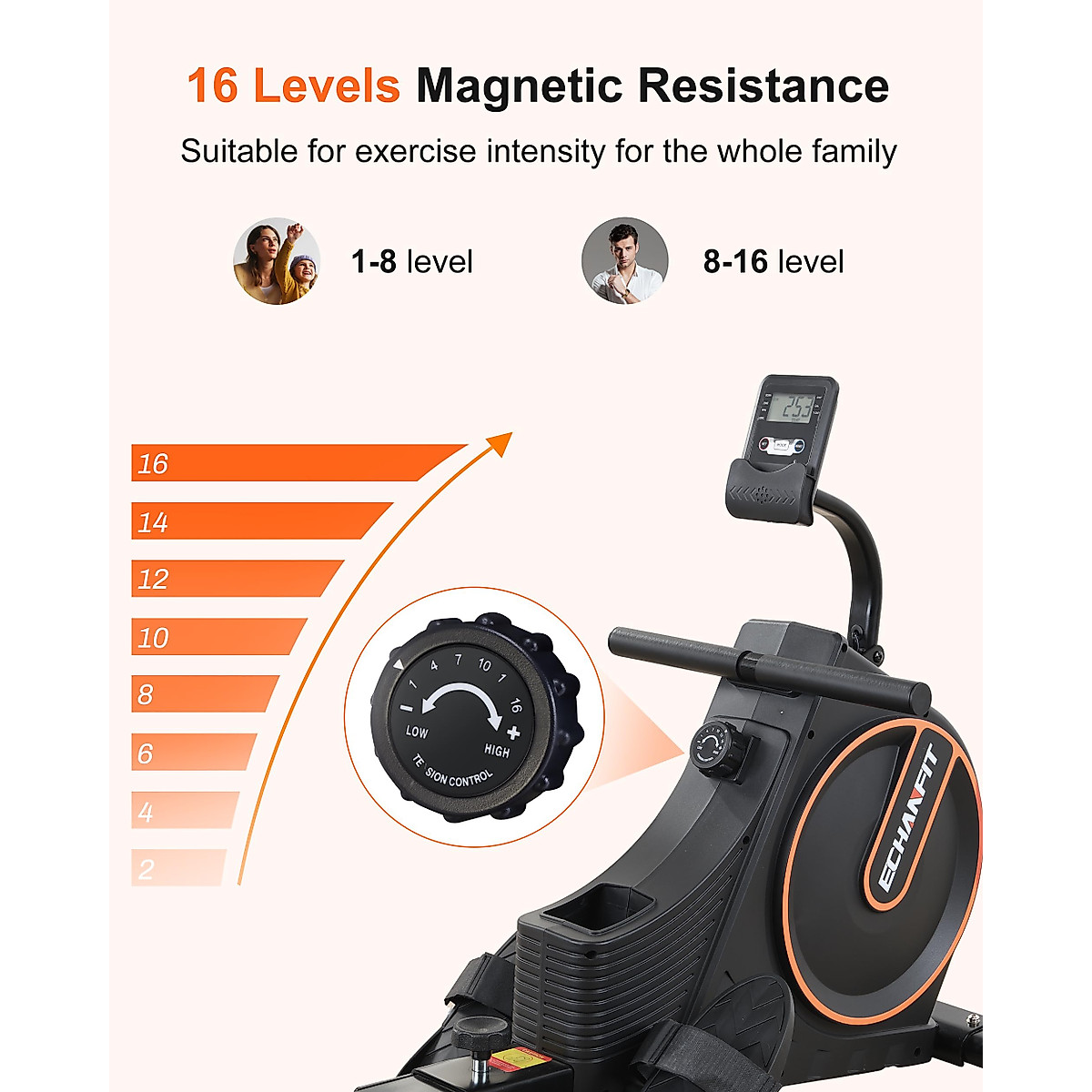 ECHANFIT Magnetic Rower Rowing Machine for Home Use Foldable w/16 Level of Quiet Magnetic Resistance with LCD Monitor and Adjustable Console Angle for Cardio Training (CR49)
