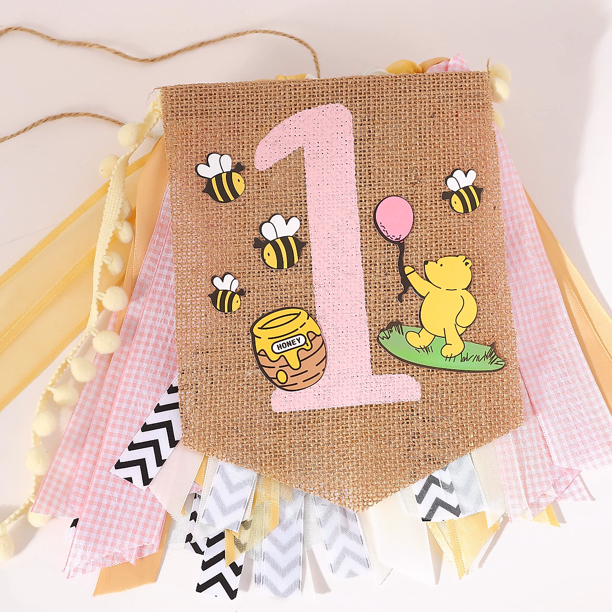 Pink Bear High Chair Banner For 1st Birthday - Sweet Bee Theme Baby Shower, Birthday Girl High Chair Decor, Winnie The Pooh High Chair Banner, First Bee Birthday Party Decorations, Winnie One High Chair Banner, Little Bear Banner For Girls Photo Props, Pi