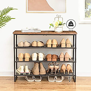 HOOBRO 4 Tier Shoe Rack, Shoe Storage Organizer, Shoe Shelf with 3 Mesh Shelves, Hold 12-15 Pairs of Shoes, Wood Look Accent Furniture with Metal Frame, for Entryway, Living Room, Hallway BF64XJ01