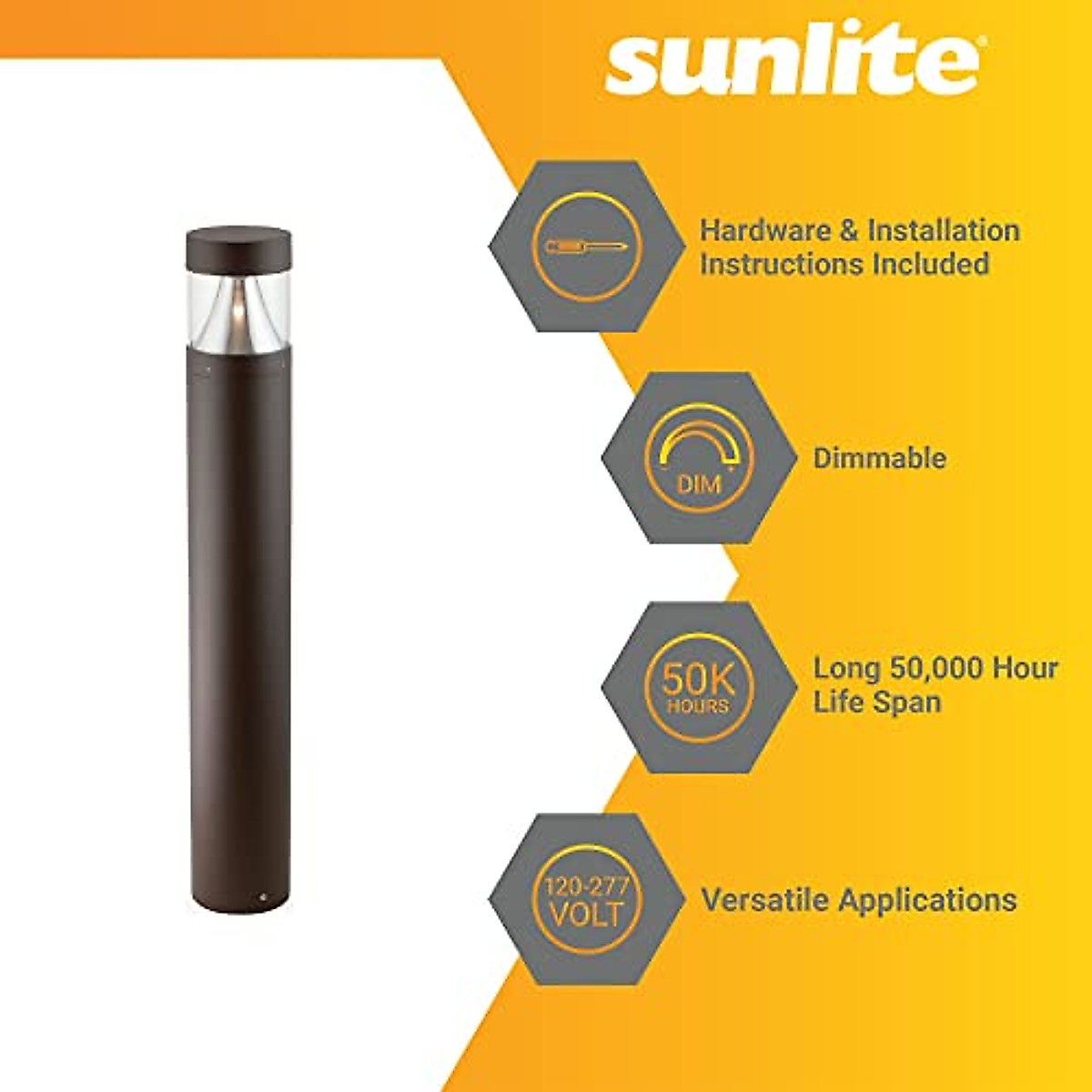 Sunlite 87993 LED 42” Outdoor Commercial Bollard Fixture, Round Landscape Area Light, Adjustable Watts (12/16/22), 3 CCT 3000K-5000K, 2970 Lumens, IP65, Bronze, for Pathways, Entryways & Walkways