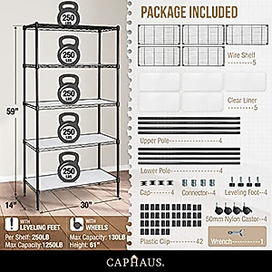 CAPHAUS NSF Heavy Duty Wire Shelving w/Wheels, Leveling Feet & Liners, Storage Metal Shelf, Garage Shelving Storage, Utility Wire Rack Storage Shelves, W/White Clear Liner, 30 x 14 x 61 5-Tier