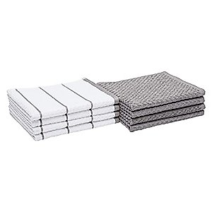 Amazon Basics 100% Cotton Terry Kitchen Dish Towels, Popcorn Texture, 8 Pack, Grey Stripe, 28"L x 16"W