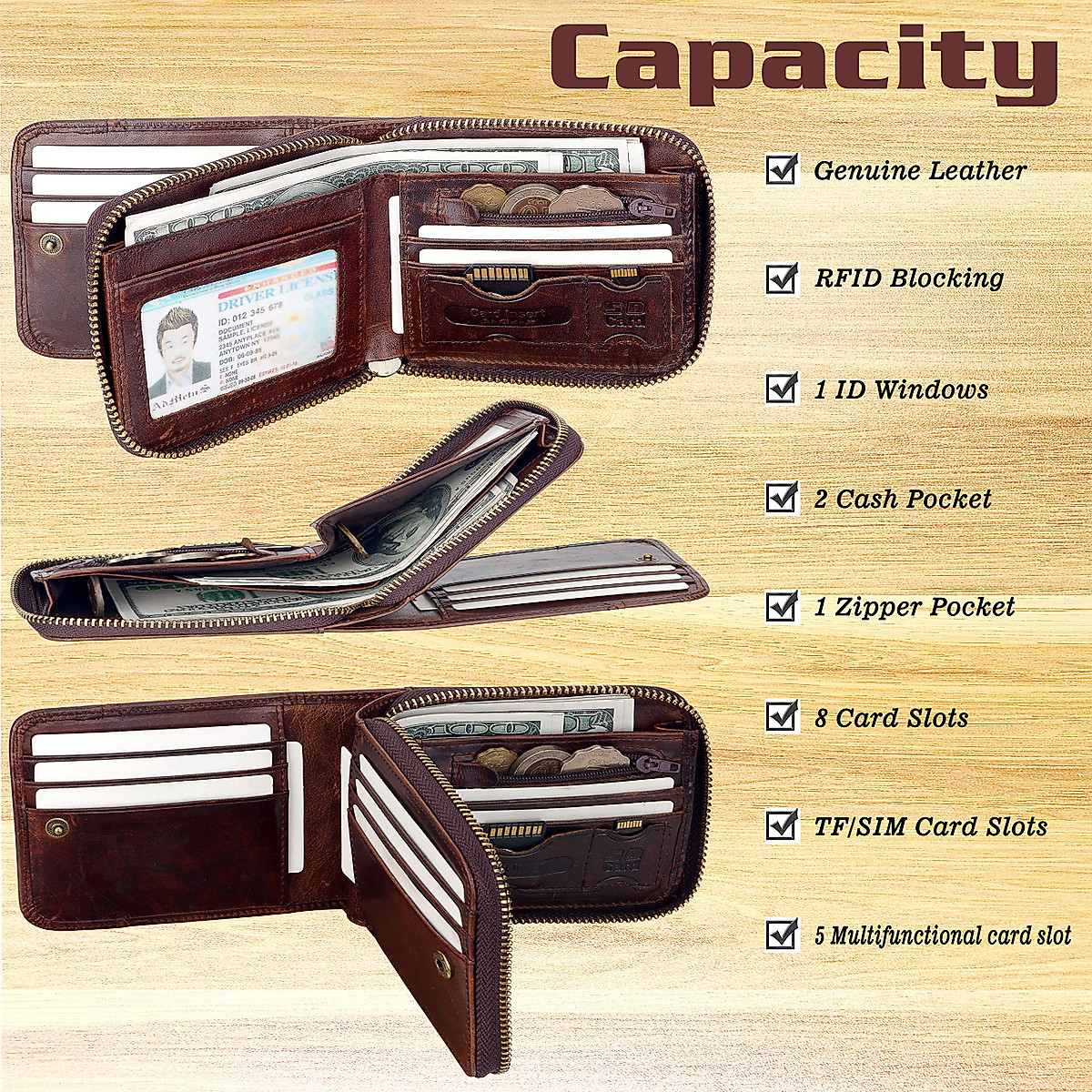 Admetus Wallet for Men Leather Zipper Bifold Wallet RFID Blocking Credit Card Holder with Gift Box Brown