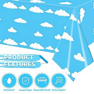 SJJPDYY 3PCS Blue Sky White Clouds Birthday Party Supplies Cartoon Story Tablecloth Party Table Cover Cartoon Table Banner for Baby Kids Shower Birthday Party Decorations, 54 x 108 Inch