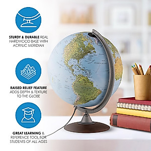 Waypoint Geographic Tactile Relief Globe, 12" Illuminated Blue Ocean-Style World Globe with Raised Relief, Up-to-Date Reference Globe, Decorative Globe for Home and Office Decor