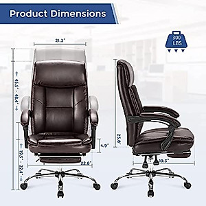 Executive Office Chair, Ergonomic Big and Tall Leather Swivel Rolling Managerial Reclining Computer Desk Task Chair, Adjustable High Back Recliner Chair with Padded Armrests and Retractable Footrest