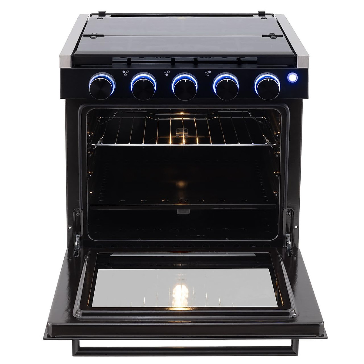 RecPro RV Stove Black Finish | Gas Range 21" Tall | 6500 and 8000 BTU Three Burner | 7100 BTU Oven with 1.8 Cu. Ft Capacity | Optional Vented Range Hood