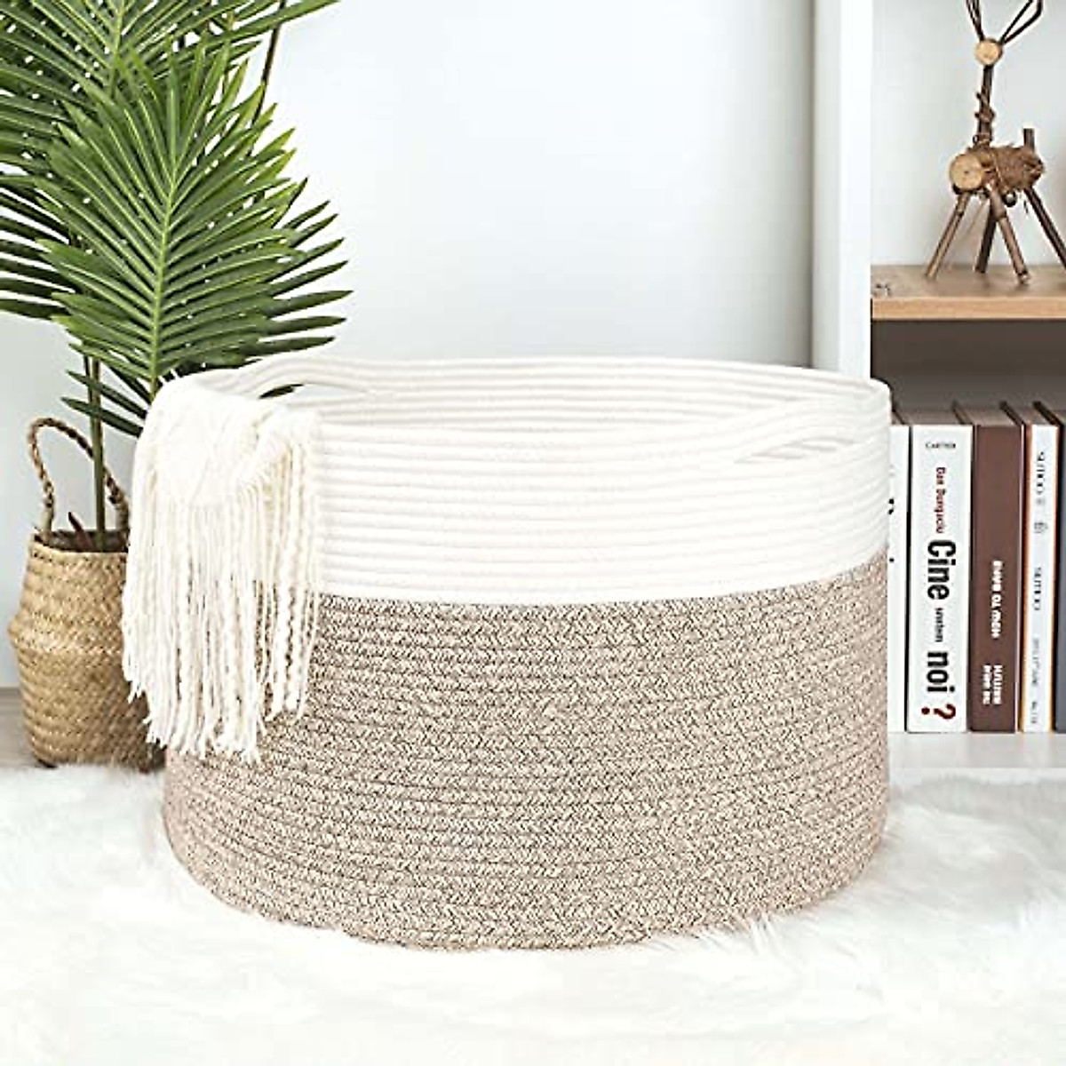 MINTWOOD Design Extra Large 22 x14 Inches Decorative Woven Cotton Rope Basket, Laundry Basket, Blanket Basket, Baby and Dog Toy Storage Baskets Bin, Kid Laundry Hamper, Towel Basket, Light Brown