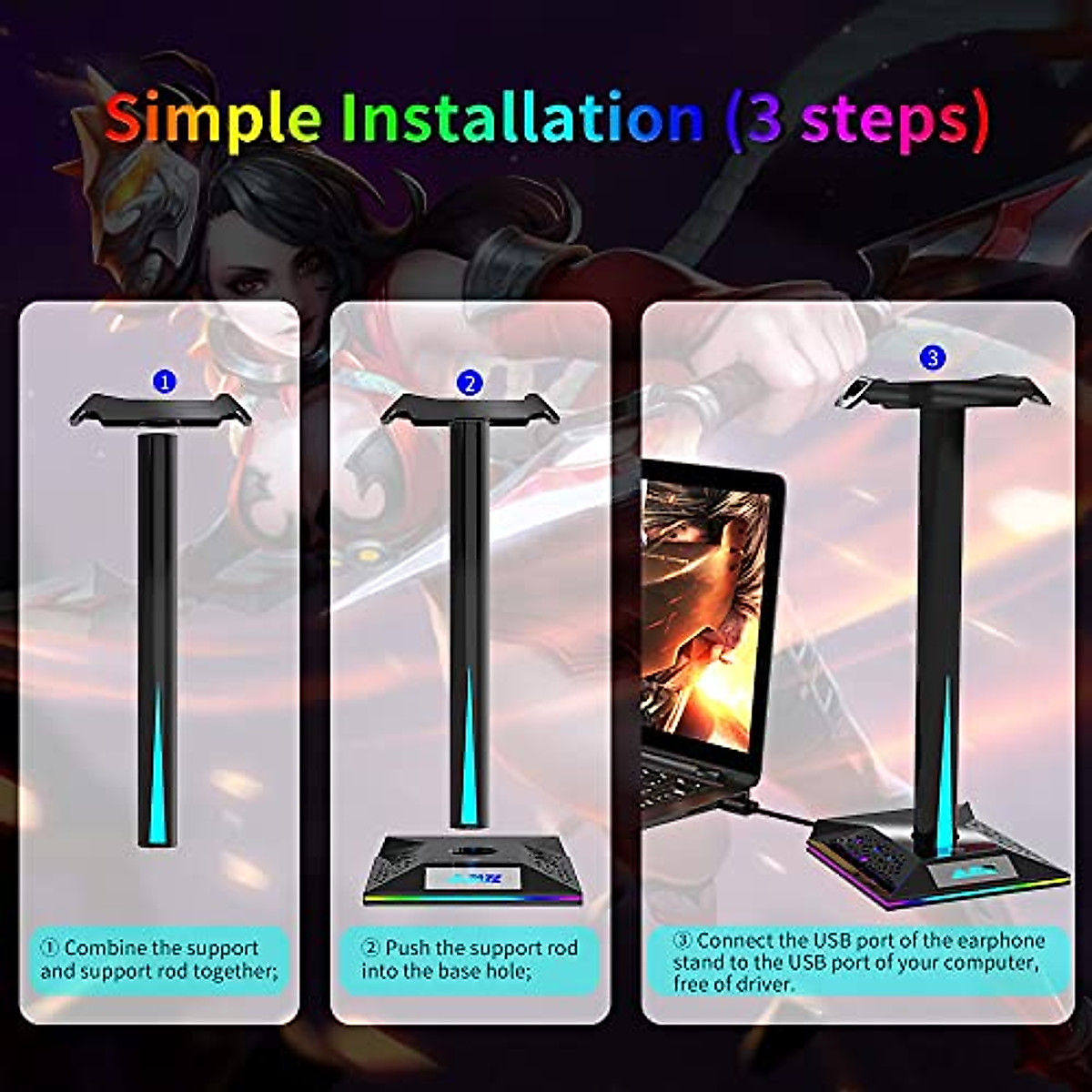 NACODEX Black Wired Gaming Headset and RGB Gaming Headphone Stand with 3.5mm AUX & 2 USB Port, Touch Control 10 Lighting Mode Headset Holder