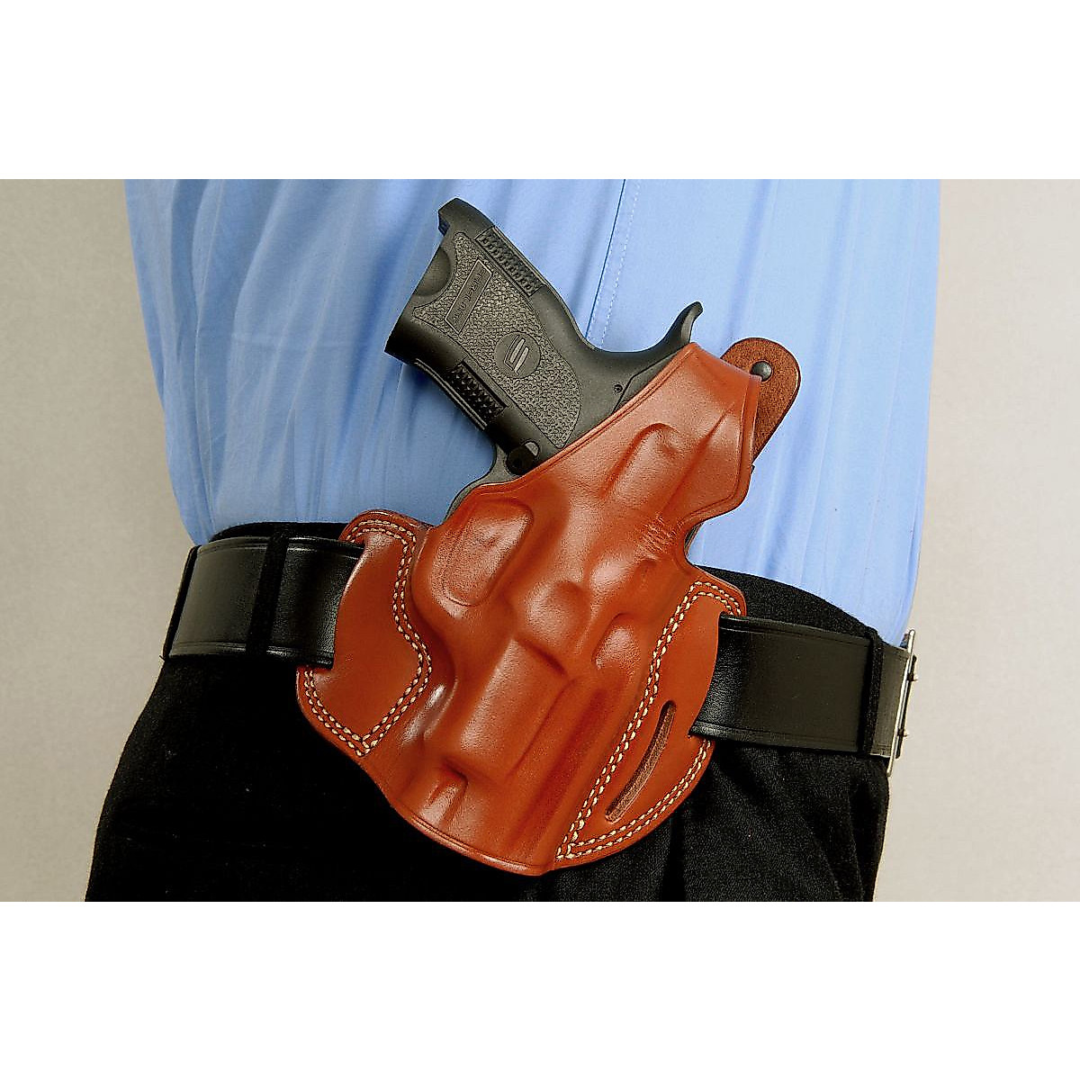 Premium Leather Three Slot Pancake OWB Holster with Thumb Break Fits, Eaa Witness Pavona Compact Semi Auto Pistol 9mm Luger 3.6" BBL, Right Hand Draw, Brown Color