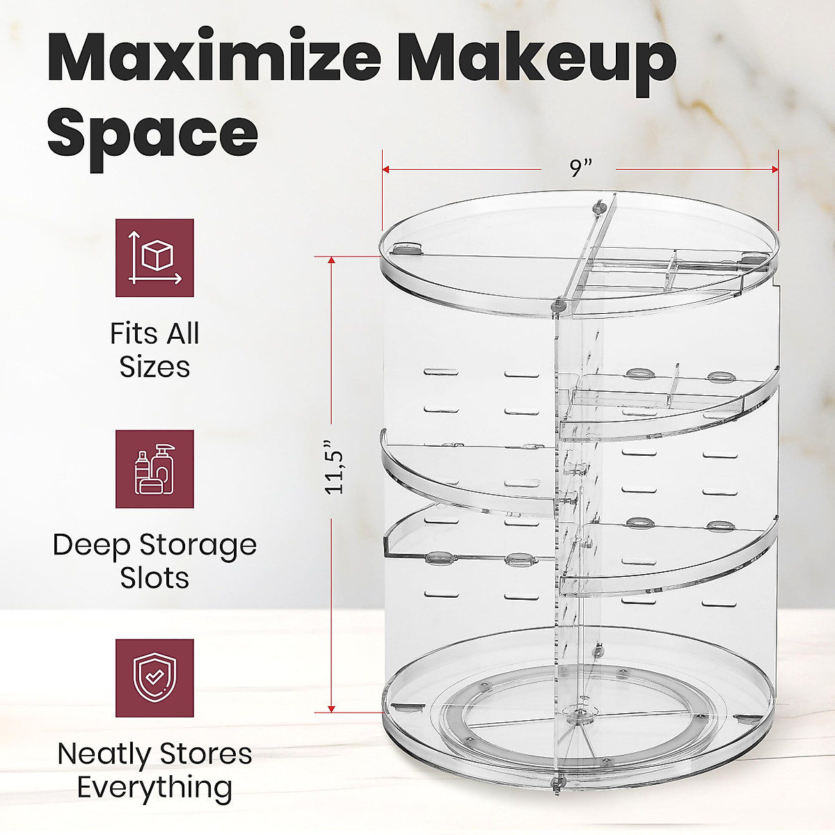 360 Rotating Makeup Organizer - Adjustable Shelf Height and Fully Rotatable. The Perfect Cosmetic Organizer for Bedroom Dresser or Vanity Countertop. (Clear)