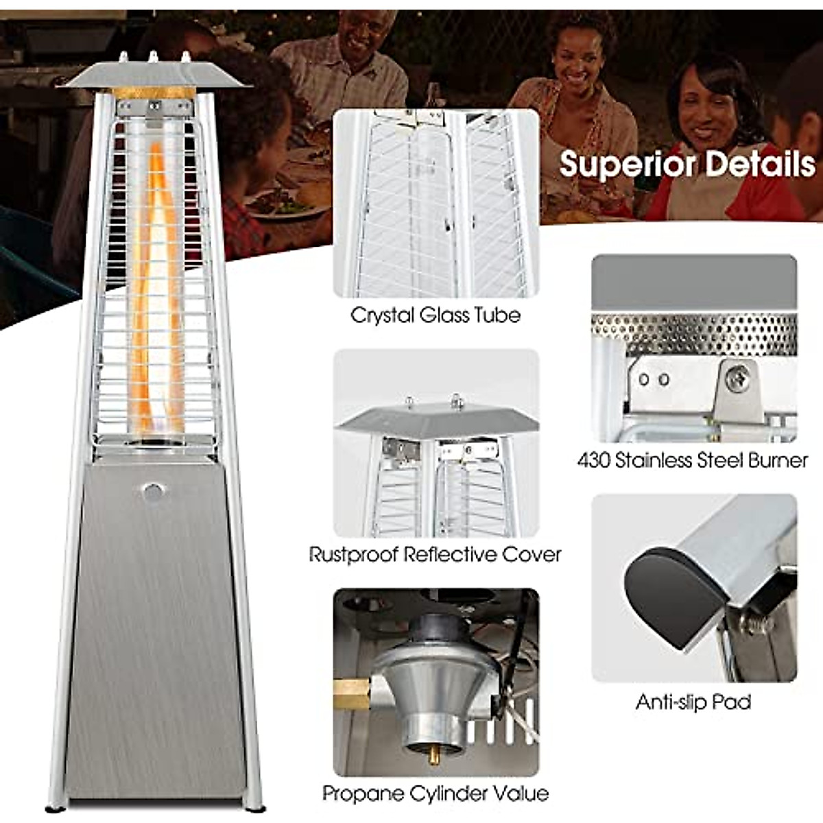 GLOBALWAY Patio Outdoor Heaters, 9500 BUT Pyramid Propane Patio Heater, 35" Tall Glass Tube Flame Heater for Party, Backyard, Garden, Decoration