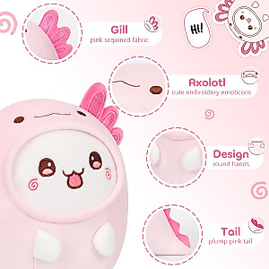 Mikchocho Cute Plush Axolotl Cat Stuffed Animal Pillow, 8" Soft Kawaii Kitten Plushie with Pink Axolotl Salamander Outfit Gift for Kids