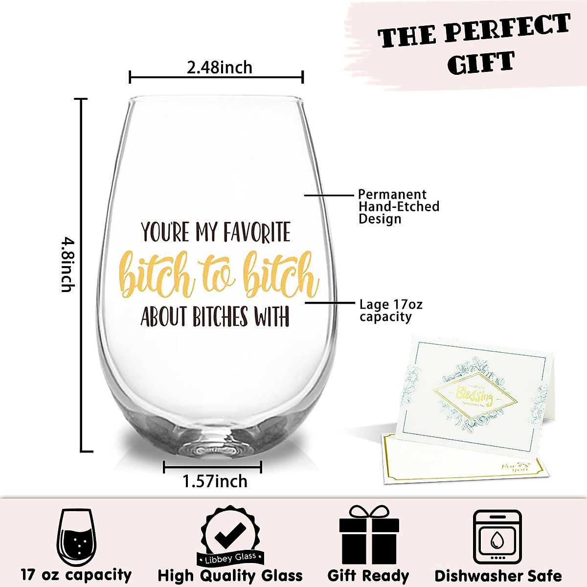 You're My Favorite Bitch To Bitch About Bitches With, Funny Wine Glasses Gifts for Women, Birthday Christmas Friendship Gifts for Coworker, Sister, Wife, BFF, Roommates, Bachelorette Party Gifts, 17oz