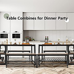 COSTWAY 3-Piece Dining Table Set for 4, Rustic Pub Dining Table with 2 Benches, 2 Storage Shelves and Glass Holder, Breakfast Kitchen Table and Chairs Set for Small Space Kitchen Restaurant Bar