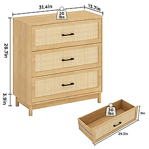 Vrullu 3 Drawer Dresser for Bedroom, Natural Rattan Modern Chest of Drawers, Wood 3 Drawer Nightstand with Upgrade Rails, Boho Dresser for Bedroom, Hallway, Living Room (1, Natural Color)
