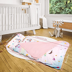 Toddler Nap Mat with Removable Pillow and Soft Dot Minky Blanket Pea Pod Kids Unicorn Napping Mats, Extra Large Rolled Slumber Bags for Girls Preschool, Daycare, Camping, 22 x 54inches Ages 3-7 Years