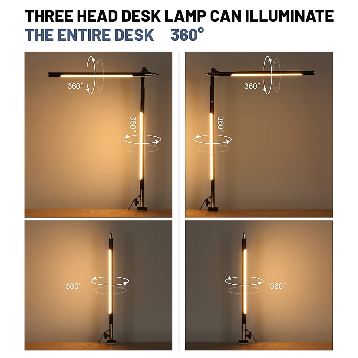 DELIZIO Desk Lamp 34.25in, Architect Lamp for Home Office, 21W Clamp Lamp ,3 Color Modes Stepless Dimming, Modern Eye-Caring Office Light ,Three Head Work Lamp with Remote Control Workbench Lamp