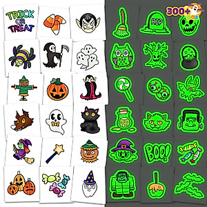 JOYIN 300+ Halloween Glowing Temporary Tattoos for Kids, 42 Assorted Designs Bulk for Child Trick or Treat Game Gifts Halloween Party Favor Decorations Supplies Goodie Bags, Class Game Prizes