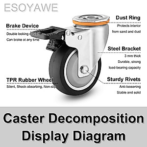 Heavy Duty TPE Rubber Swivel Caster Wheel 4 Pcs, Ø 3in 4in 5in Silent Furniture Replacement Casters, Suitable for M12 Type Bolts Top Hole Type Caster Wheels with Brakes