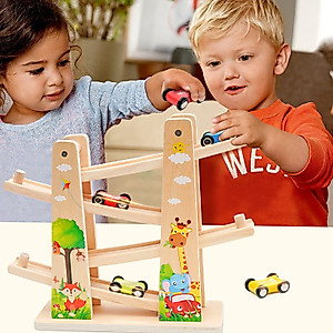 Car Ramp Toys for Toddlers | Wooden Car Track for 1 2 Year Old with 4 Cars & Race Tracks | Montessori Toys Gift for Toddlers Boys and Girls (yellow)