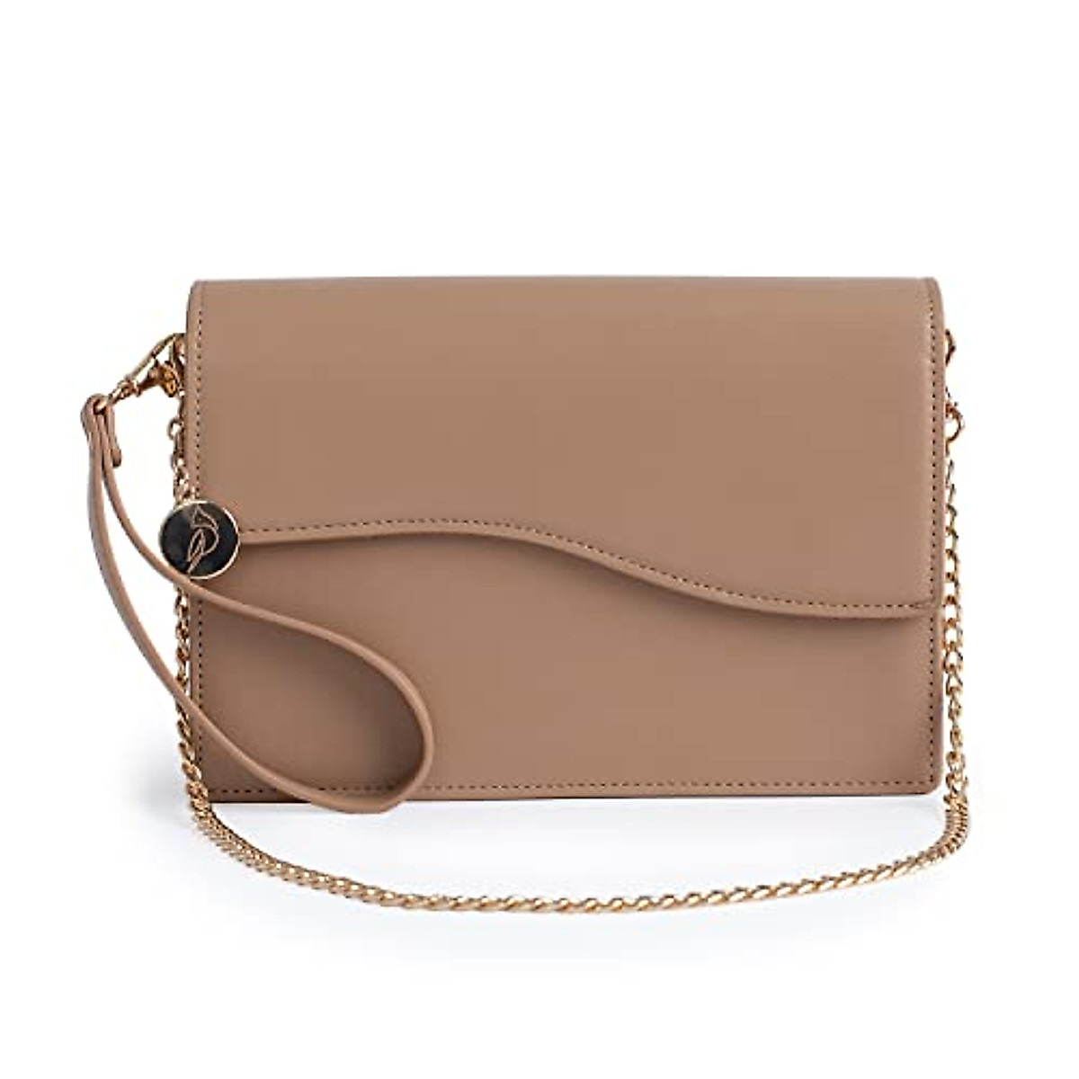 Kardinal Fashions Designer Clutch Purse for Women, Vegan Leather Fashion Envelope Style Hand Bag with Wristlet Strap and Gold Crossbody Chain from (Taupe)