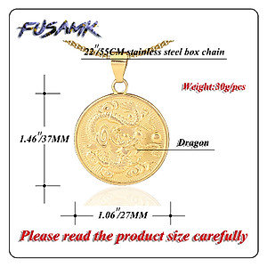 Fusamk Hip Hop 18K Alloy Dragon Round Tag Pendant Coin Necklace(Gold)