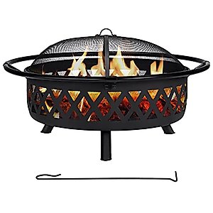 SUNCREAT 42” Patio Fire Pit Wood Burning with Mesh Spark Screen, Bonfire Outdoor firepit with Fireplace Poker, Black